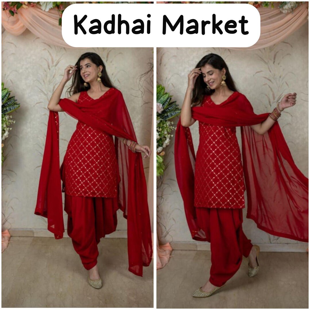 Punjabi Red Patiala Suit Partywear Women Indian Ethnic Shalwar Suit ...