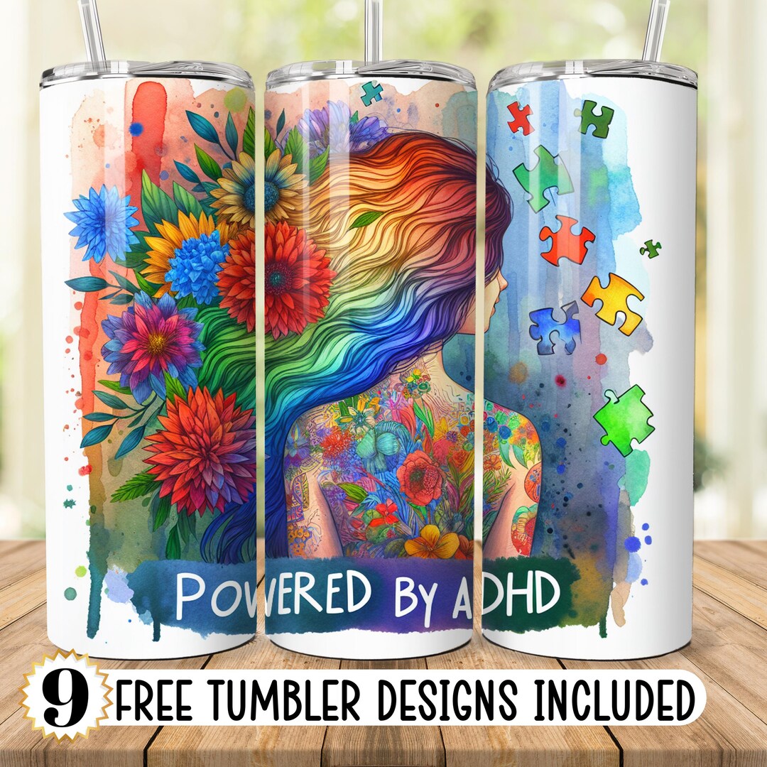 Powered by ADHD Awareness 20oz Skinny Tumbler Wrap Design ...