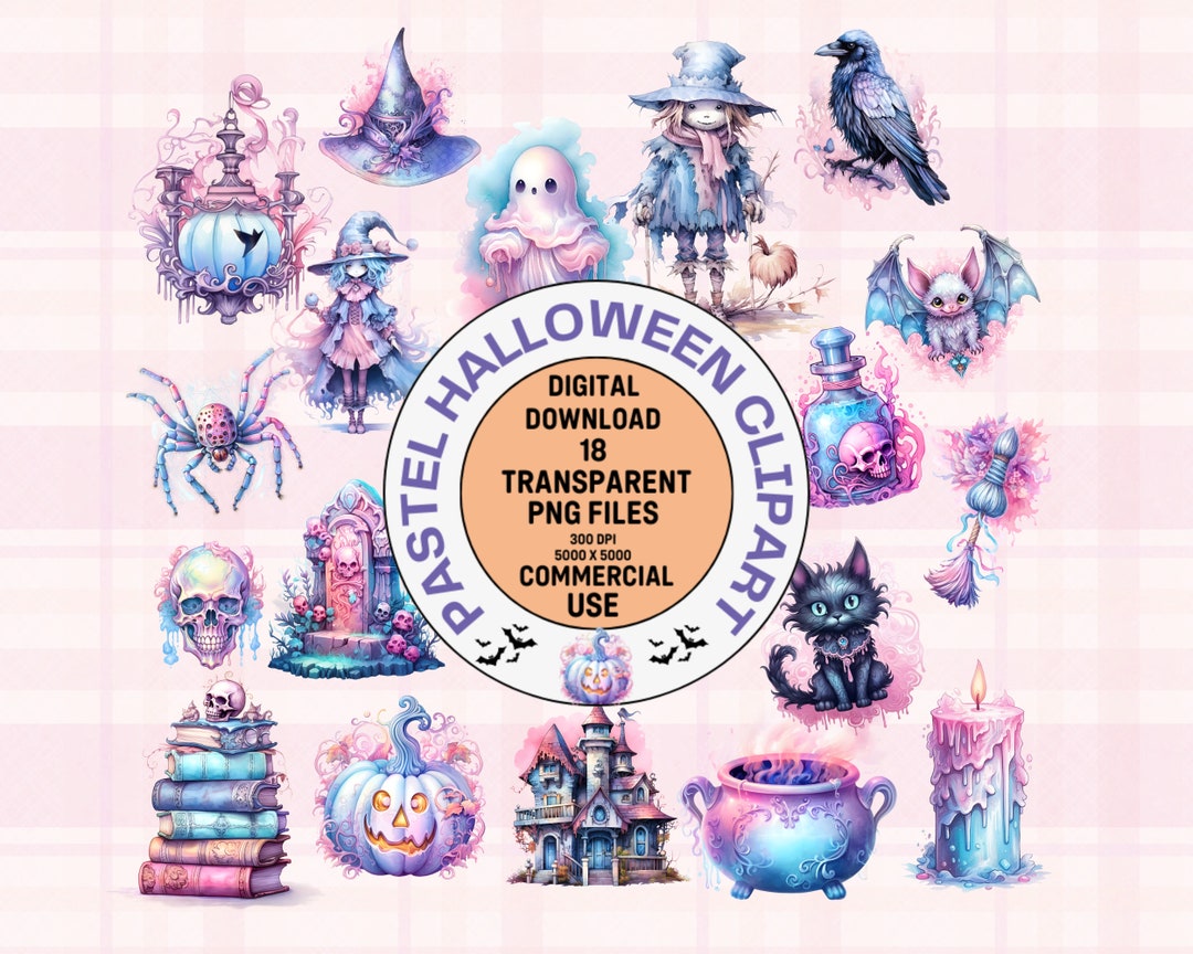 Pastel Watercolor Halloween Cute Ghost Witch Bat Clipart Bundle of 18 ...