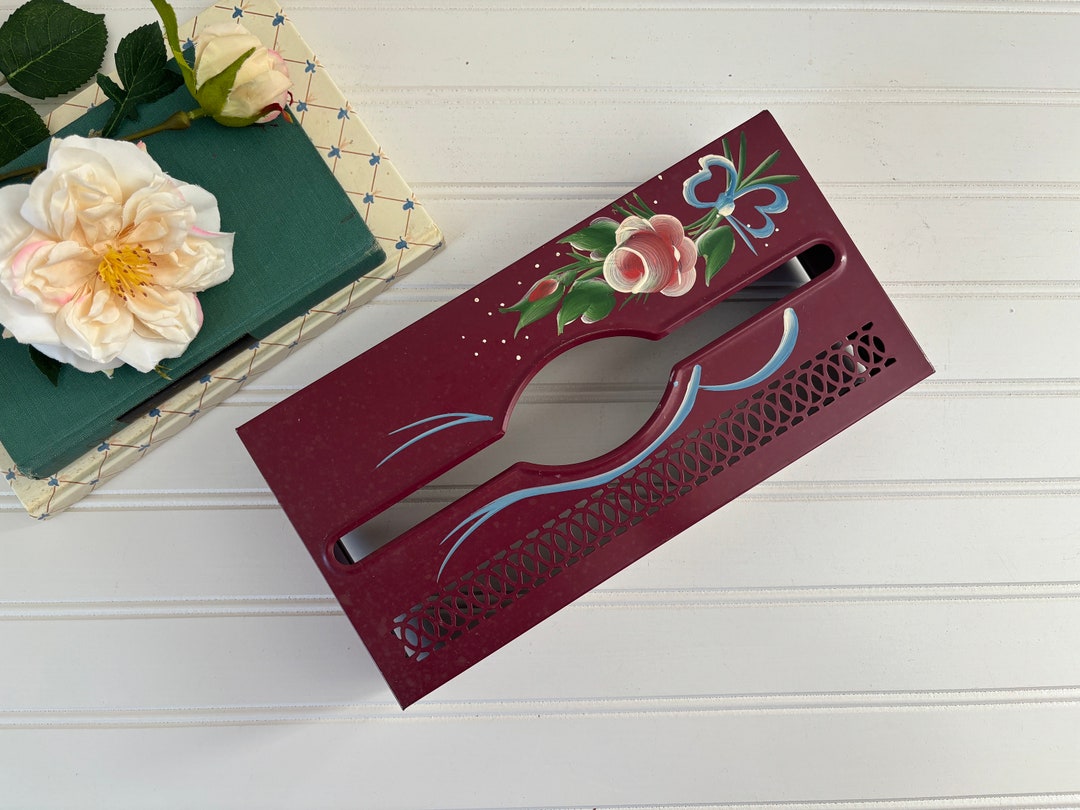 Vintage Red Tissue Box Cover Decorative Metal Floral Tissue Holder ...