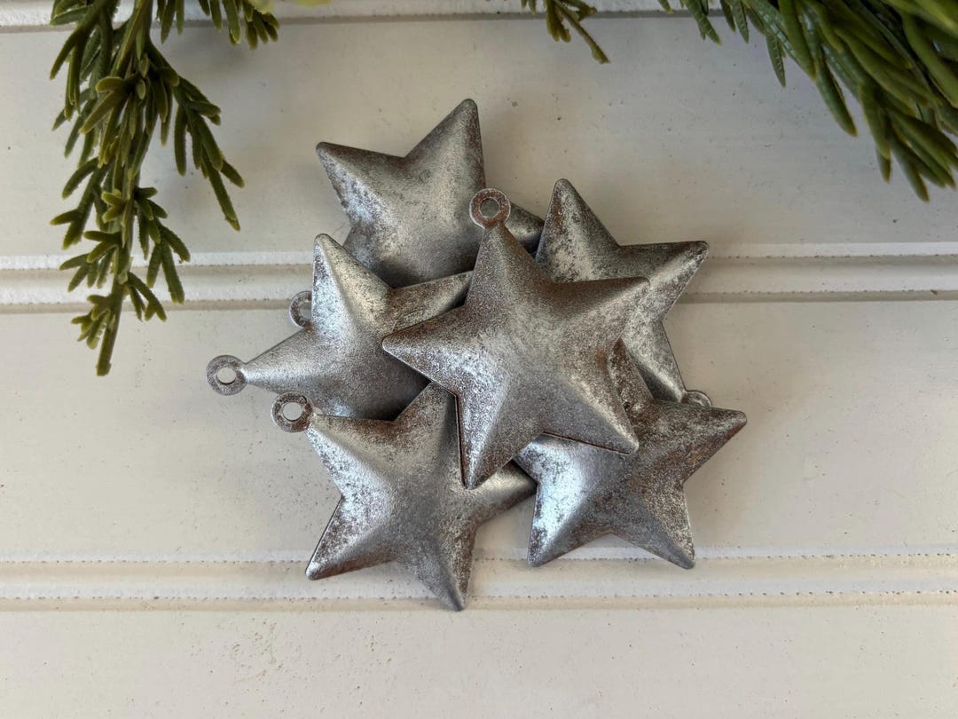 Silver Star Jingle Bell Ornaments Rustic Decorative Stars Set of Metal ...