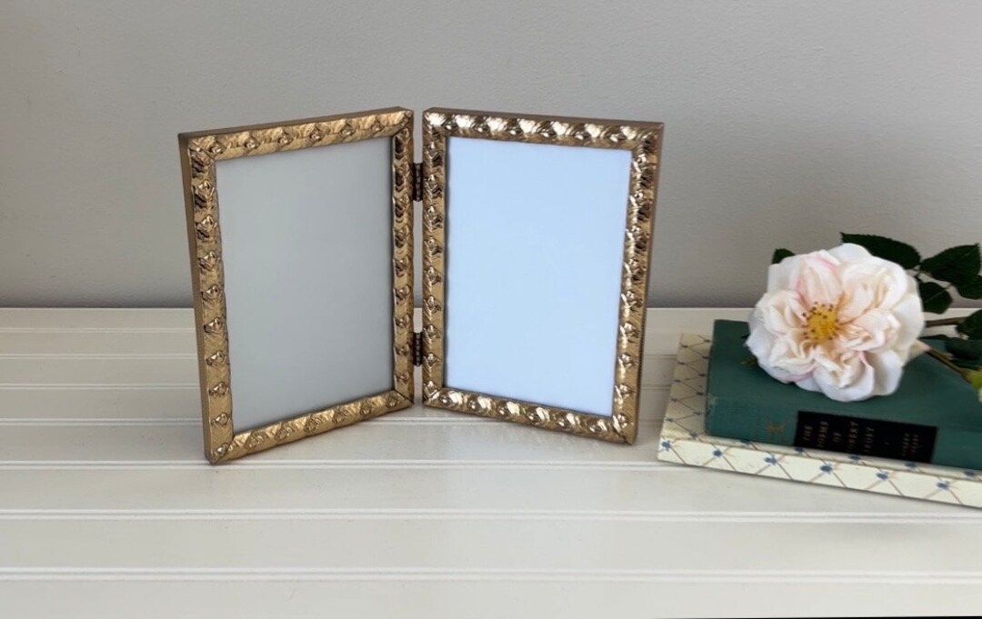 Vintage 5x7 Bi-fold Picture Frame Brass Bi Fold Display Small Foldable ...