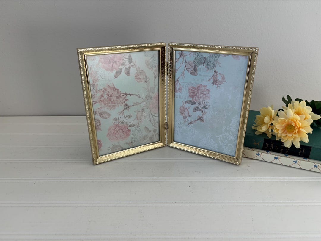 Vintage 5x7 Bi-fold Picture Frame Brass Bi Fold Display Small Foldable ...