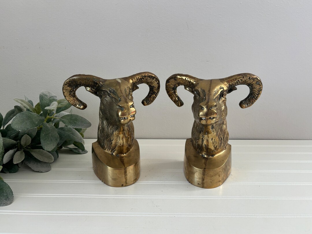 Vintage Brass Ram Head Bookends Set of Two Extra Large Ram Sheep Head ...