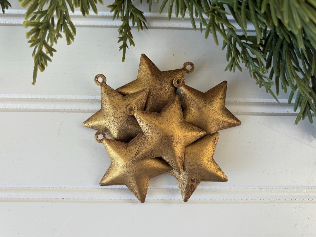 Gold Star Jingle Bell Ornaments Rustic Decorative Stars Set of 6 Metal ...