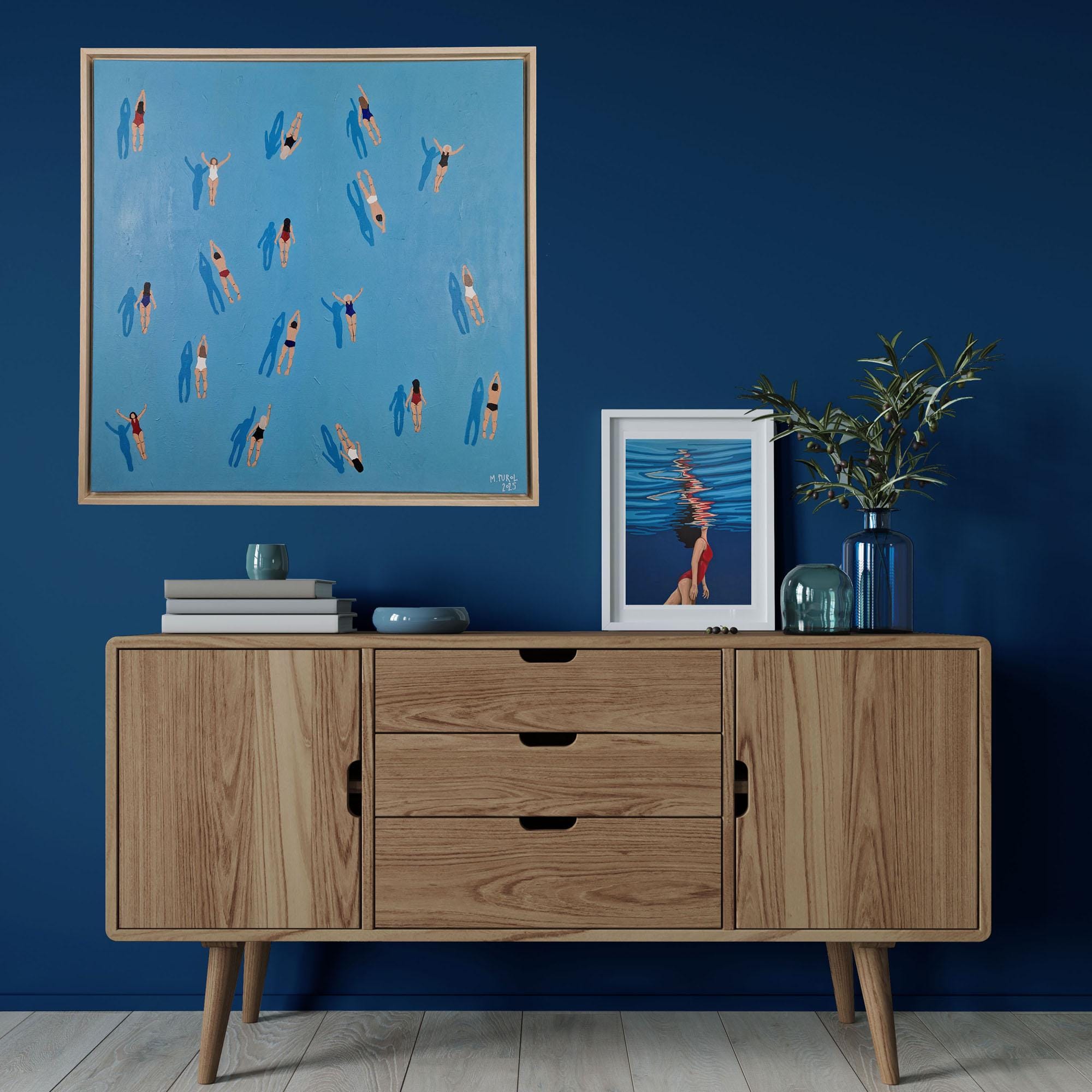 Swimming People Painting, Original Big Blue Handpainted Art, Swimmers ...