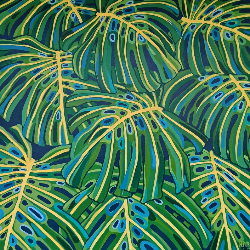 Large Monstera PAINTING on Canvas Acrylic Green Leaves Original Home ...