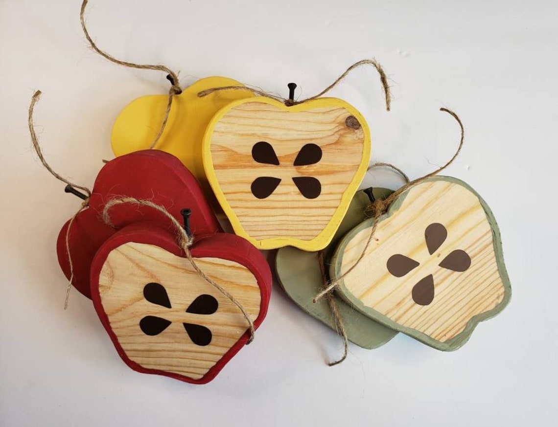 Wooden APPLE Slices FALL DECOR Red Green Yellow Bowl | Etsy