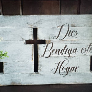 Large Wood Cut Out Cross Sign | Dios Bendiga Este Hogar | White Washed ...
