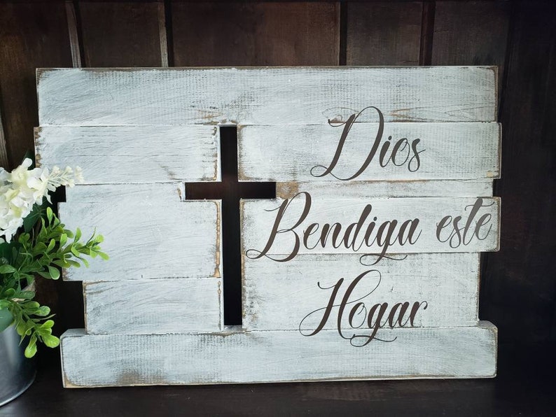 Large Wood Cut Out Cross Sign | Dios Bendiga Este Hogar | White Washed ...