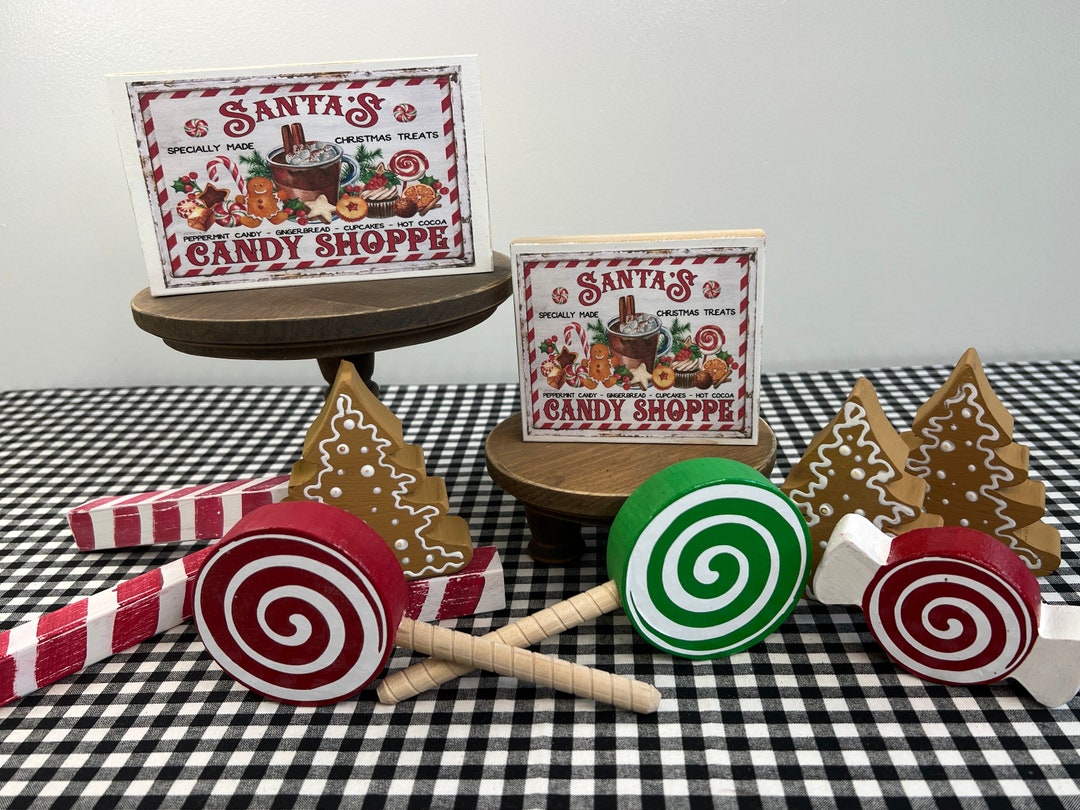SANTAS CANDY SHOPPE Sign, Candy Pieces, and Lollipops | Tiered Tray ...