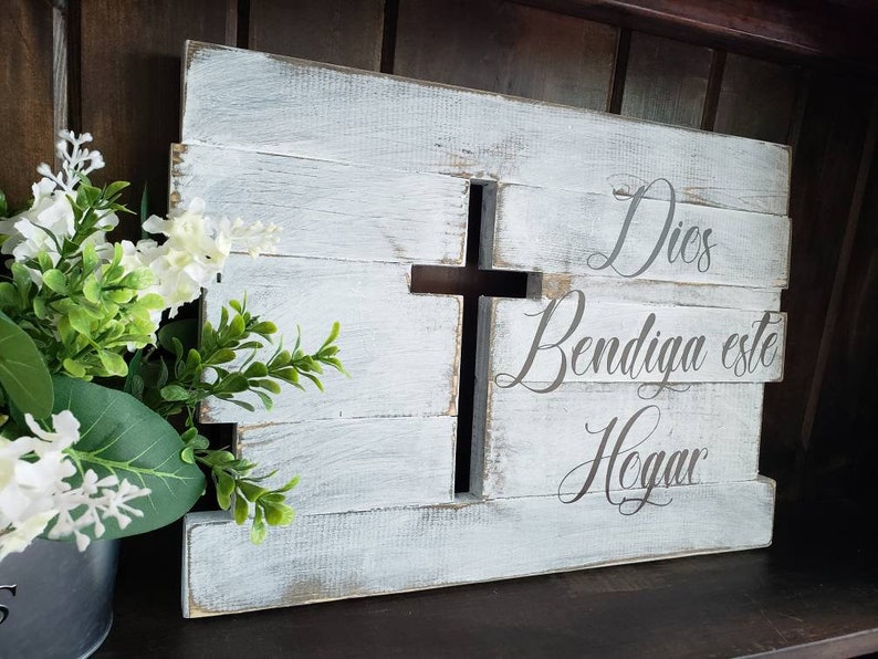 Large Wood Cut Out Cross Sign | Dios Bendiga Este Hogar | White Washed ...