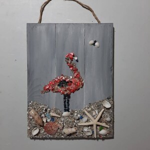 FLAMINGO BEACH Wall Art L Ship Lap Sea Shell Summer Decor Crushed ...