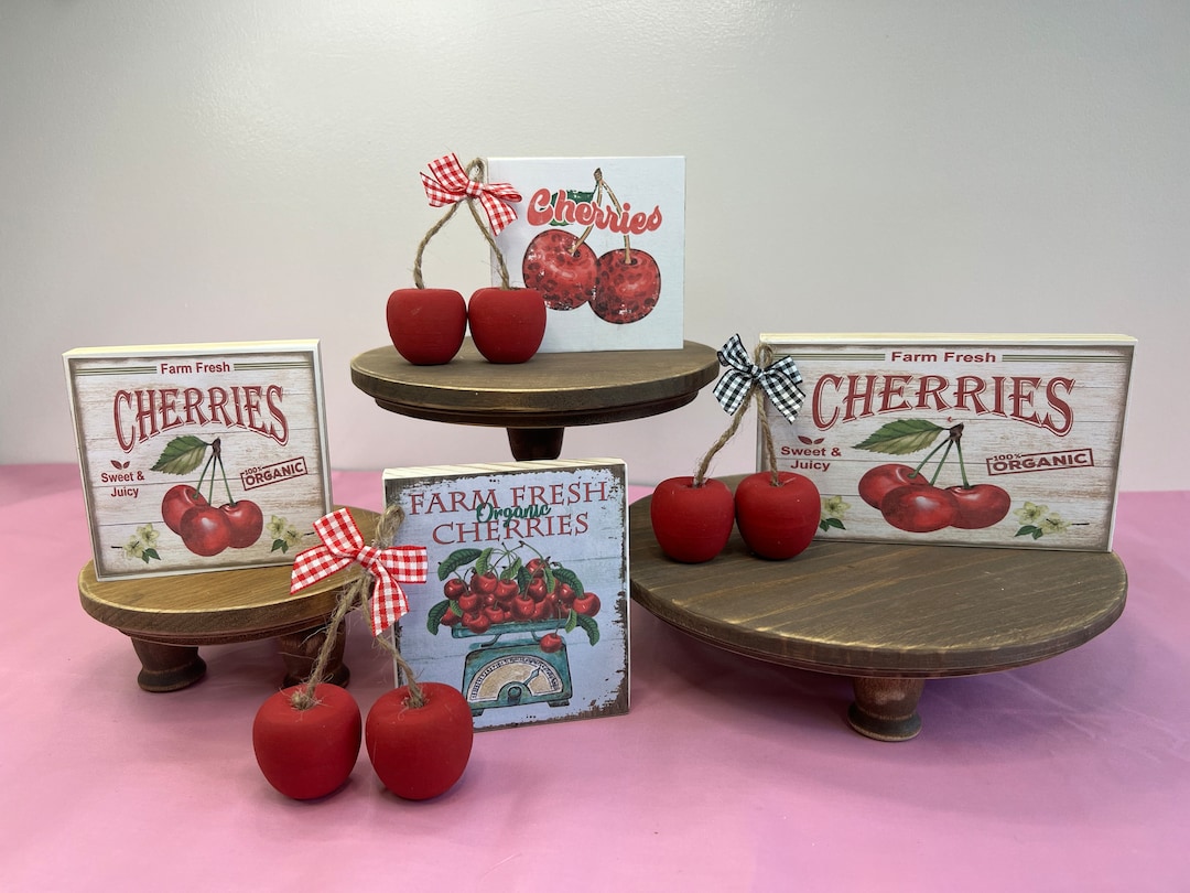Wooden CHERRIES and Vintage SIGNS | TIERED Tray Decor | Shelf Sitter ...