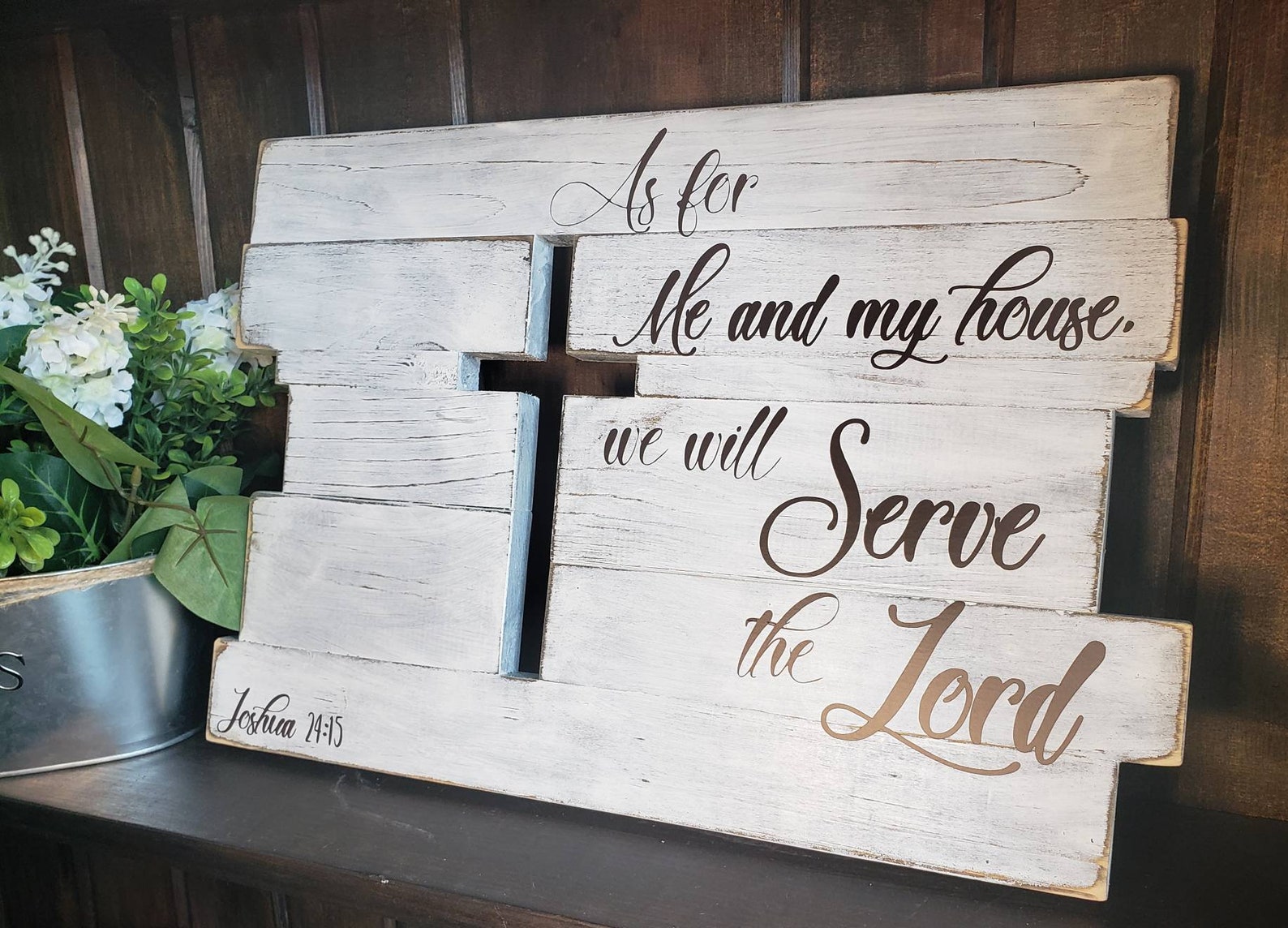 Large Wood White Washed Rustic Cross Sign-"as for Me and My House We ...