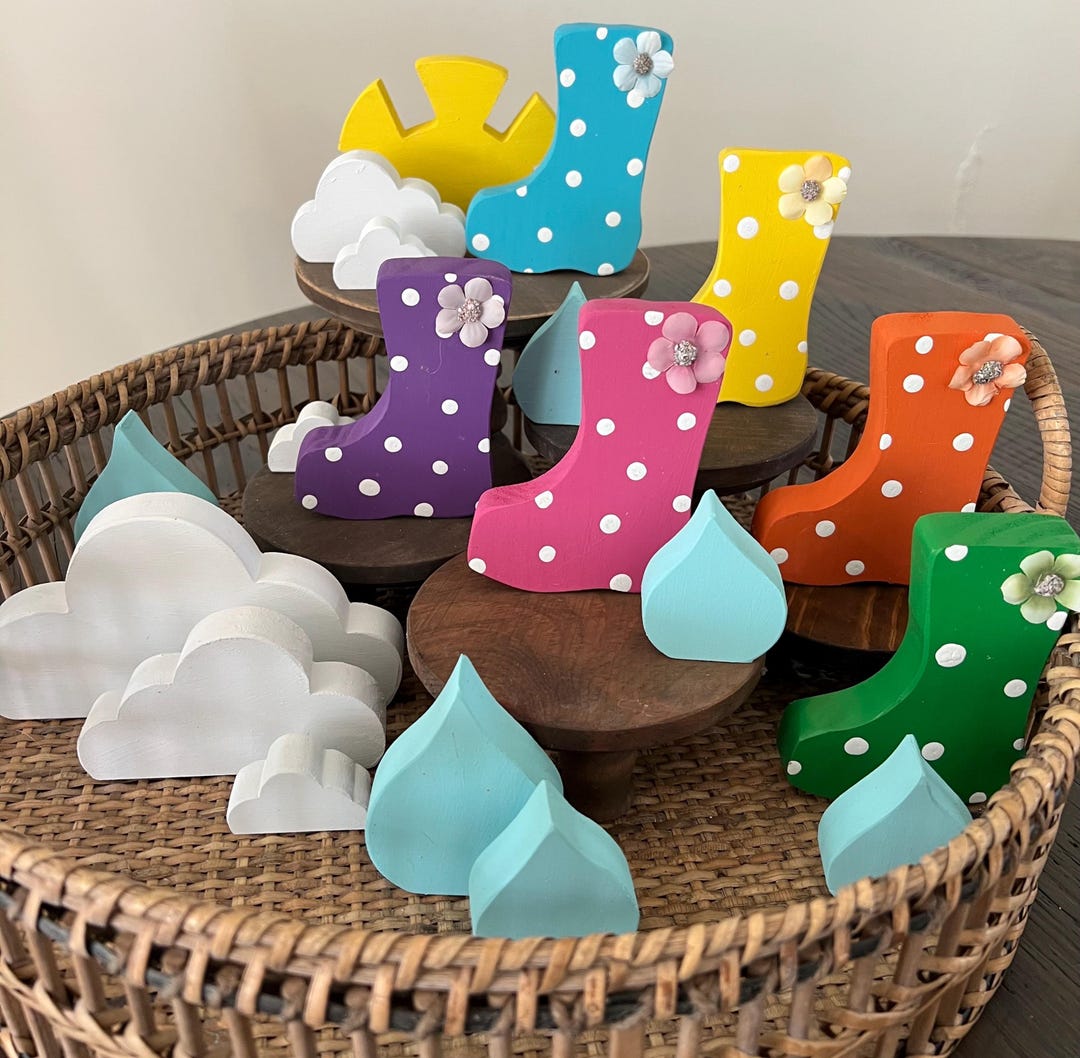 Bright RAINBOOTS, CLOUDS, Sun, and RAINDROPS | Spring | Wooden | Tiered ...