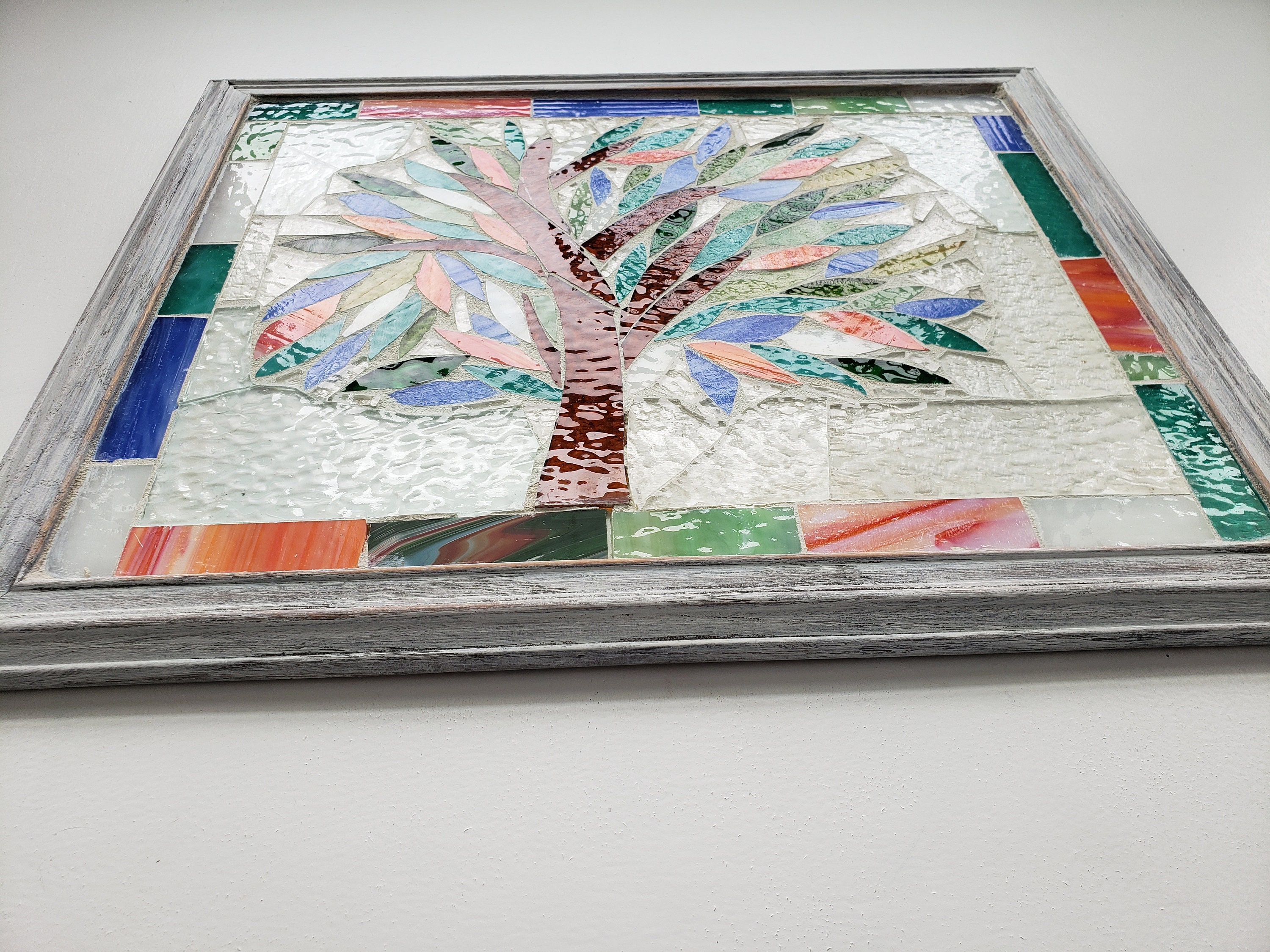 MOSAIC TREE of Life Wall Art White Wash Wood Framed Hand Cut - Etsy