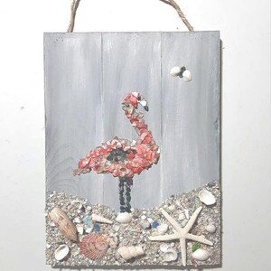 FLAMINGO BEACH Wall Art L Ship Lap Sea Shell Summer Decor Crushed ...