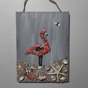 FLAMINGO BEACH Wall Art L Ship Lap Sea Shell Summer Decor Crushed ...
