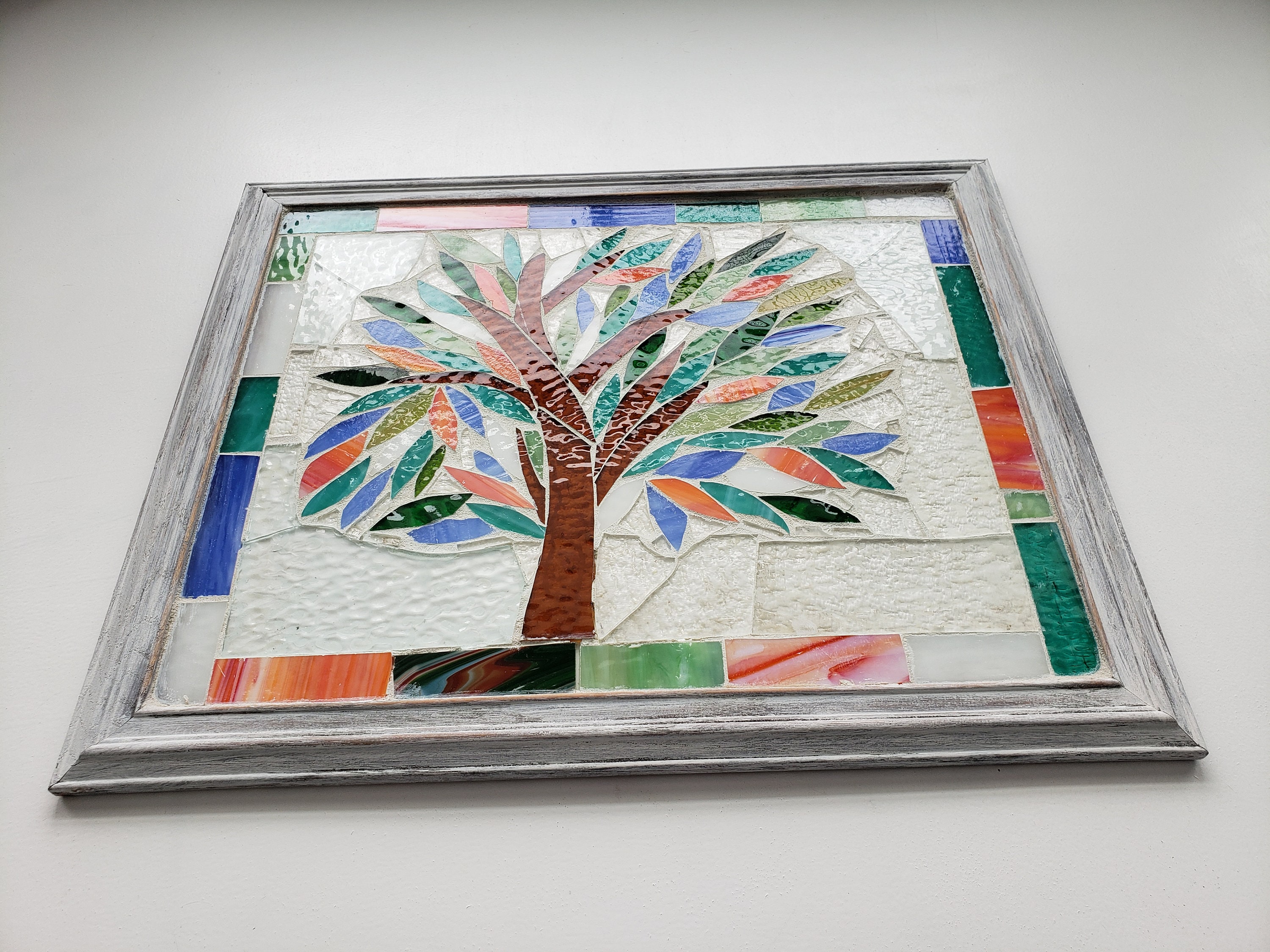 MOSAIC TREE of Life Wall Art White Wash Wood Framed Hand Cut - Etsy
