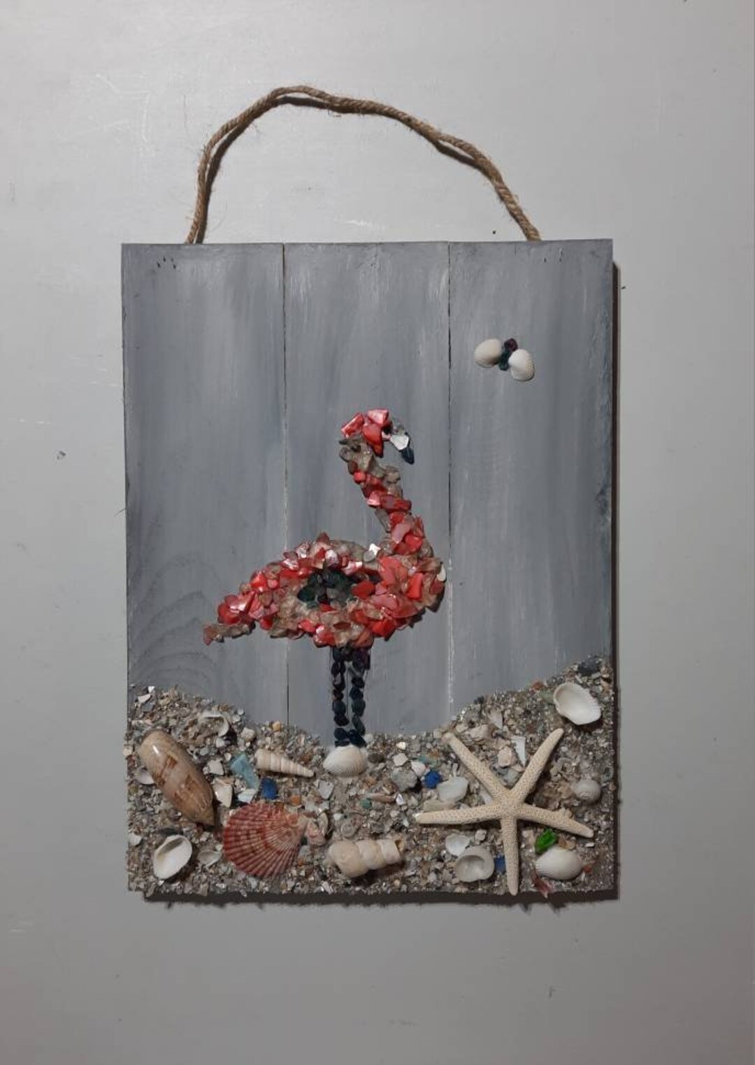 FLAMINGO BEACH Wall Art L Ship Lap Sea Shell Summer Decor Crushed ...