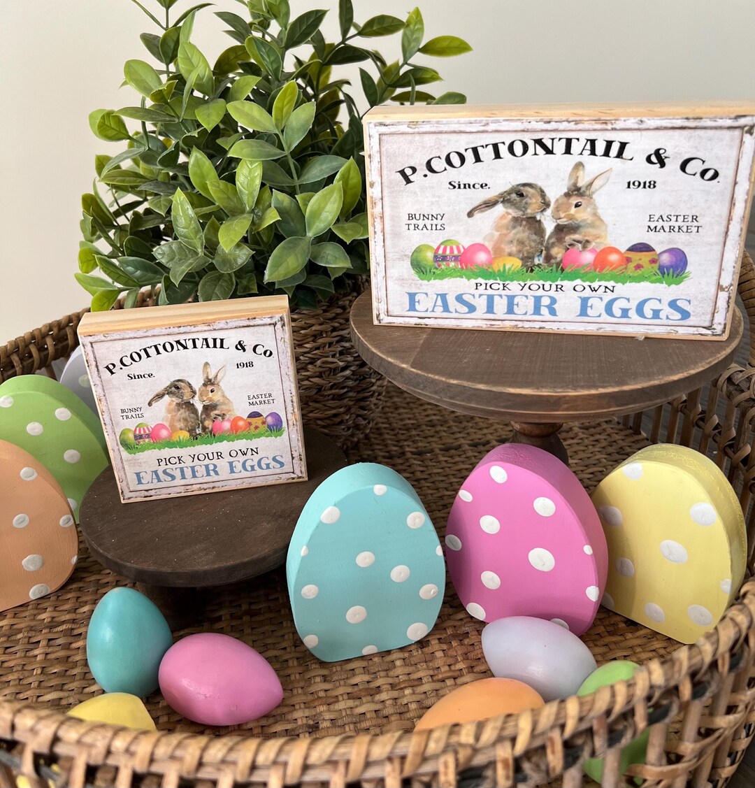 PETER COTTONTAIL Sign and Polka Dotted EGGS | Wooden Block | Tiered ...