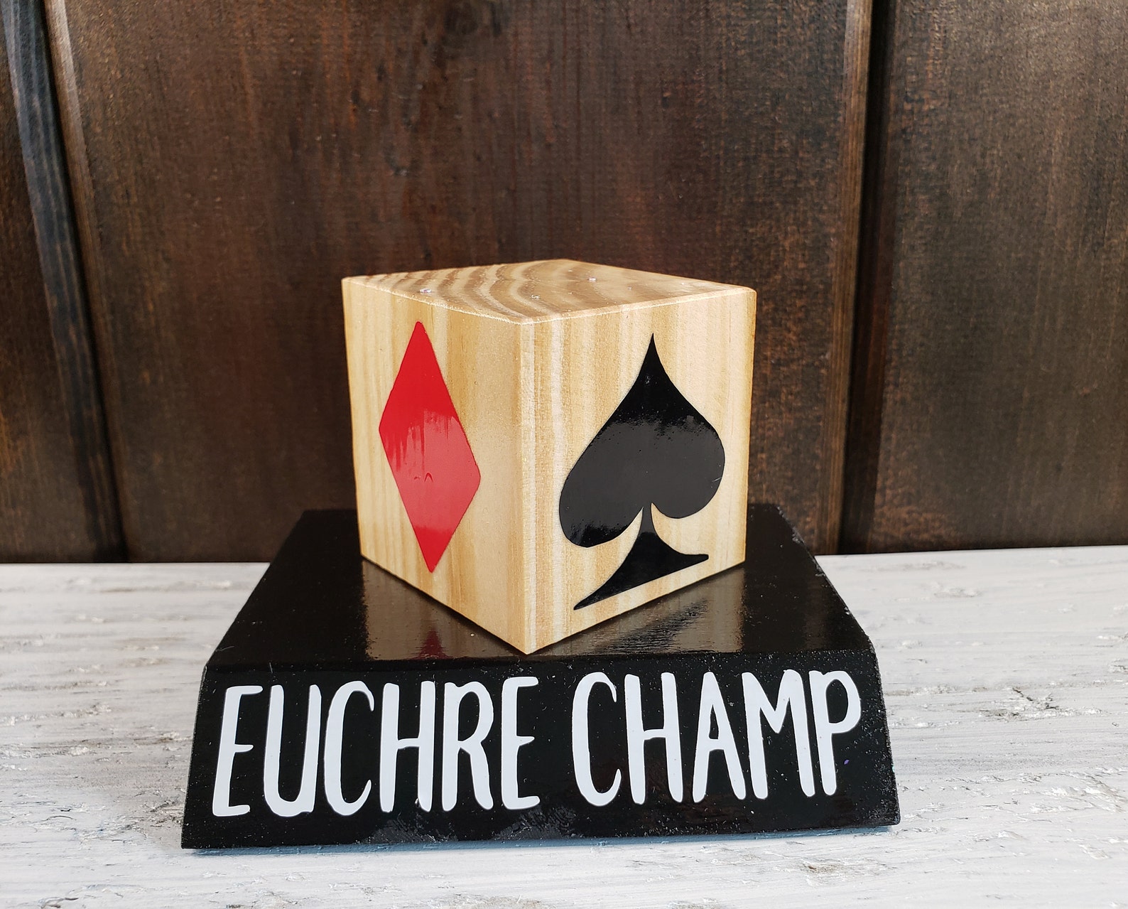 EUCHRE TOURNAMENT TROPHY L Natural Wood Euchre Trump Cube L "what's ...