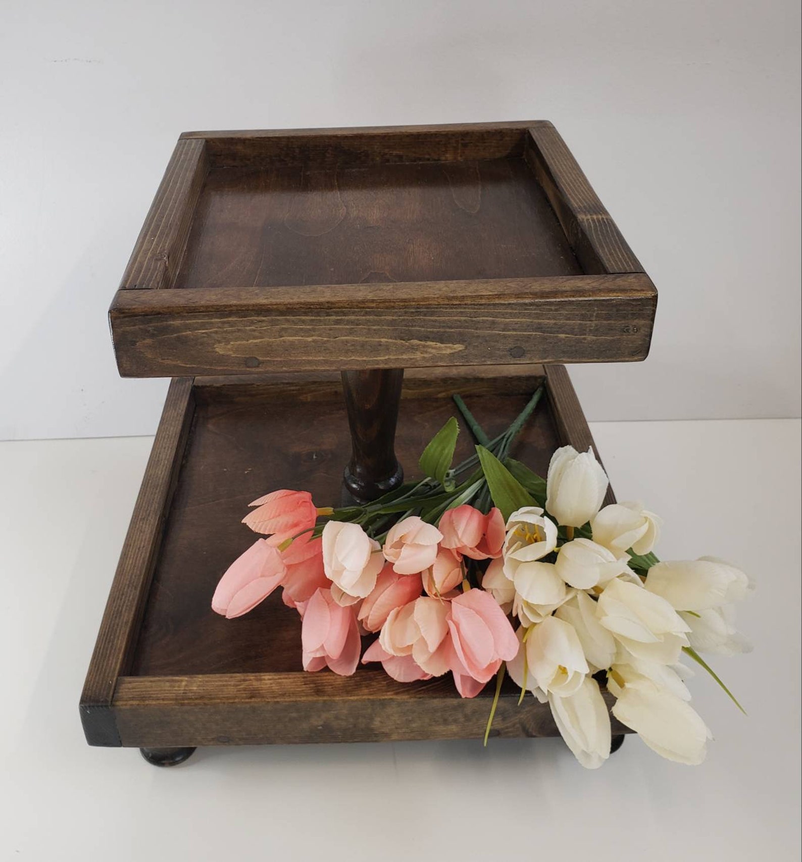 Wood Two Tiered Tray Square Farmhouse Centerpiece | Etsy