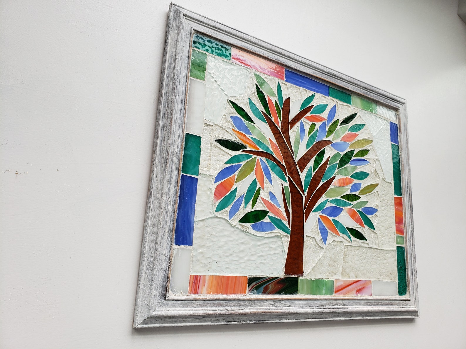 MOSAIC TREE of Life Wall Art White Wash Wood Framed Hand Cut - Etsy