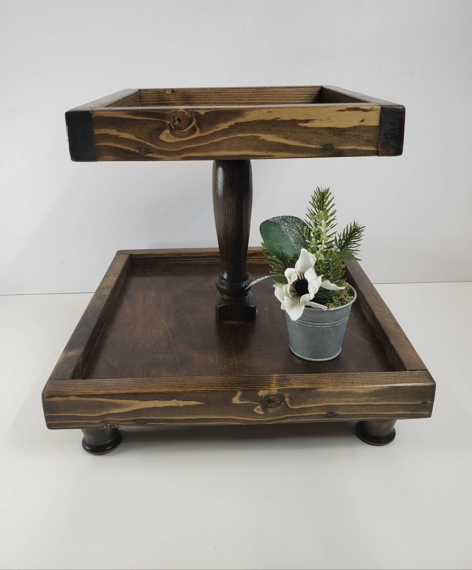Wood Two Tiered Tray Square Farmhouse Centerpiece | Etsy