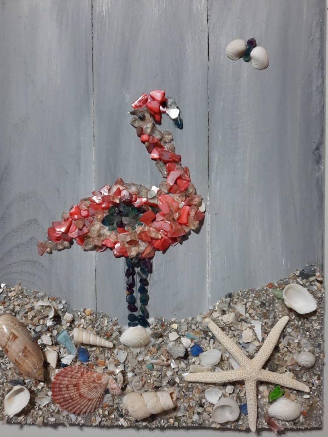 FLAMINGO BEACH Wall Art L Ship Lap Sea Shell Summer Decor Crushed ...