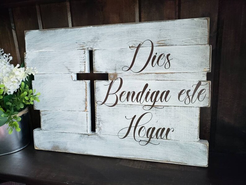 Large Wood Cut Out Cross Sign | Dios Bendiga Este Hogar | White Washed ...