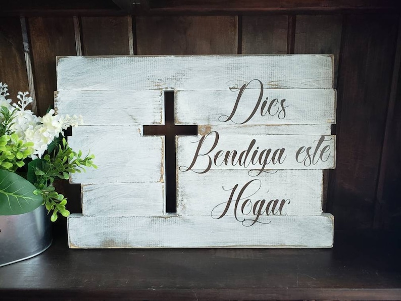 Large Wood Cut Out Cross Sign | Dios Bendiga Este Hogar | White Washed ...