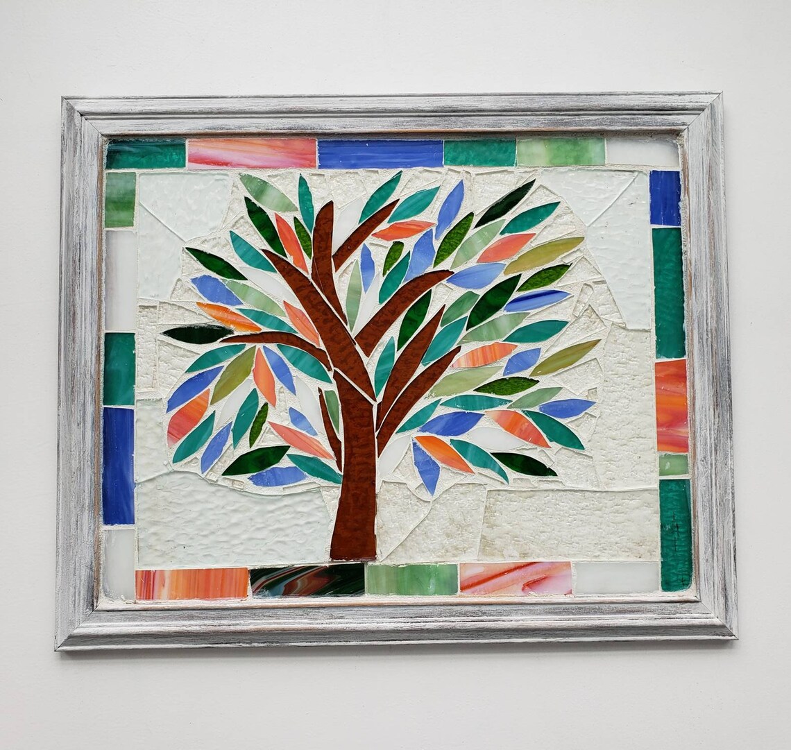 MOSAIC TREE of Life Wall Art White Wash Wood Framed Hand Cut - Etsy