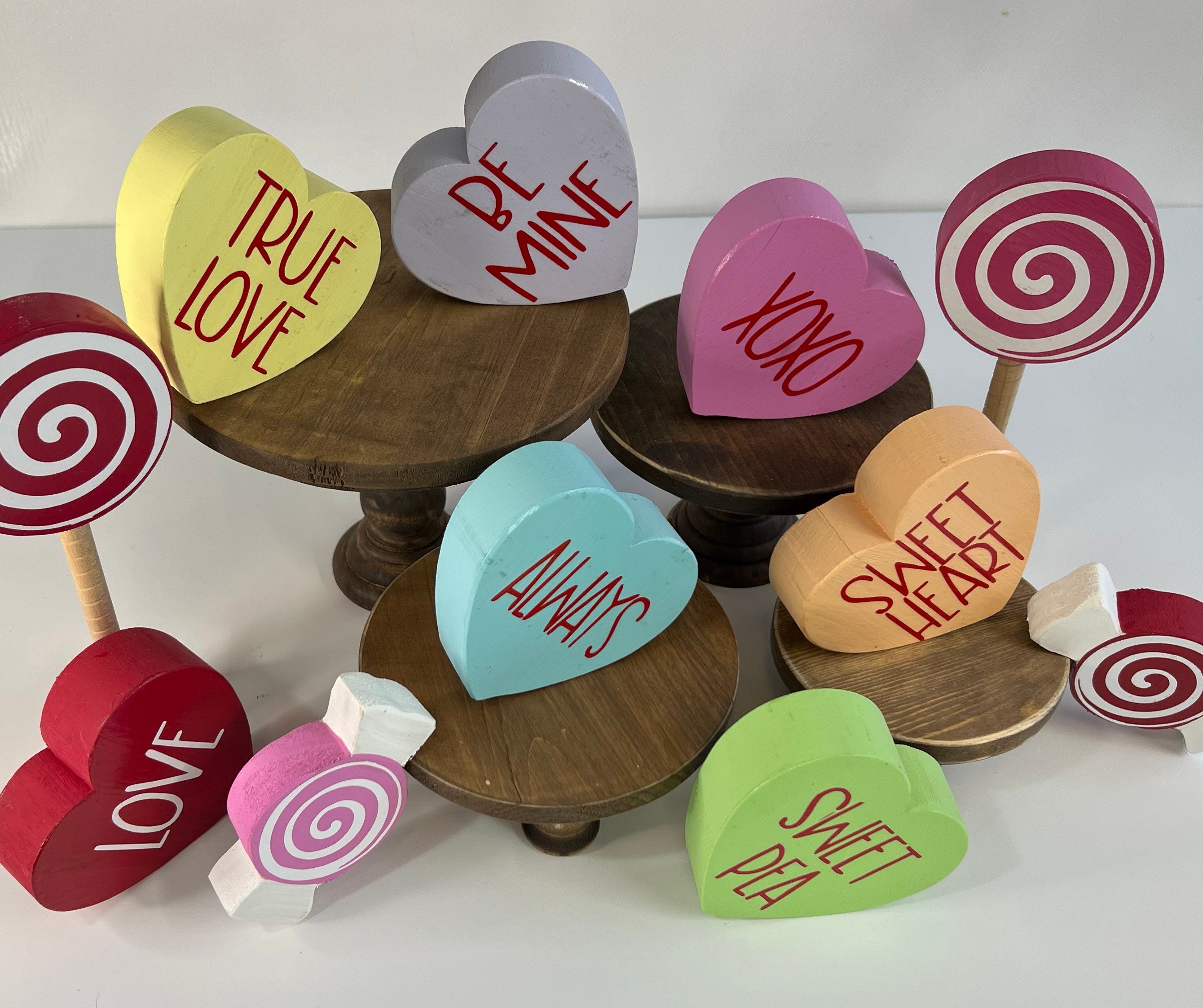 7 CONVERSATION HEART Set, Wooden Hearts Valentine's Day, Tiered Tray ...