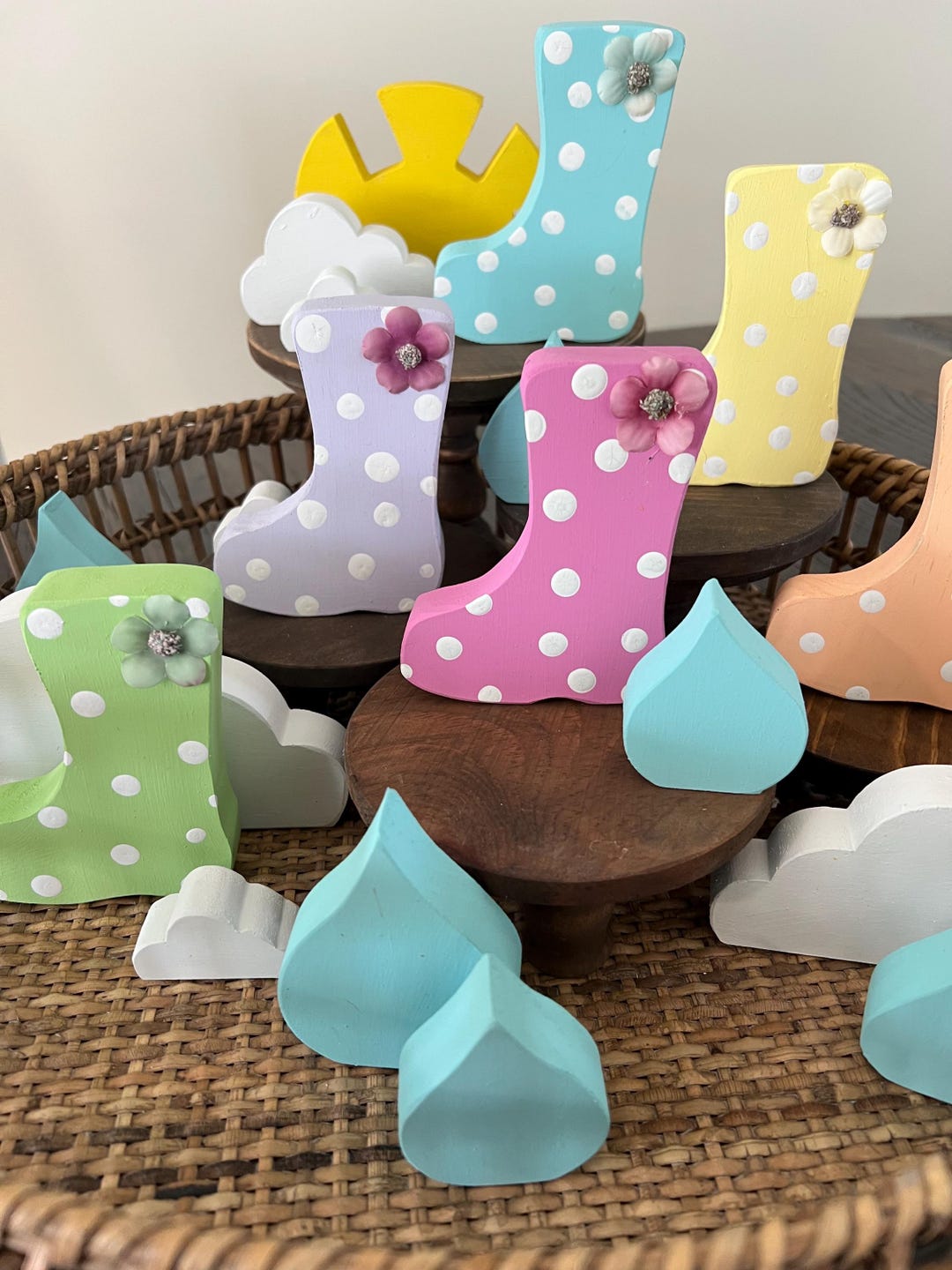 Pastel RAINBOOTS, CLOUDS, Sun, and RAINDROPS | Spring | Wooden | Tiered ...
