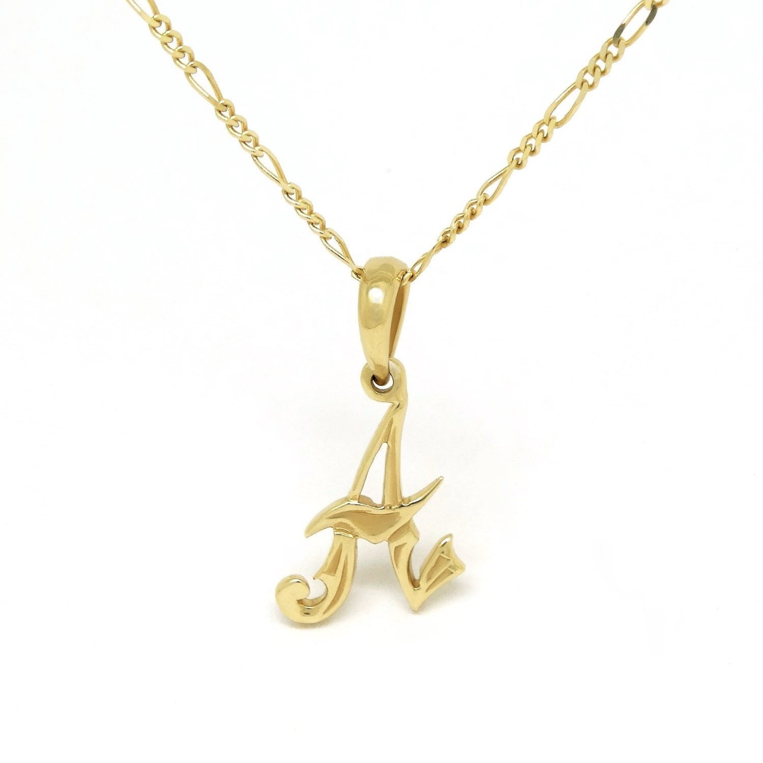 14k Solid Yellow Gold Initial Letter A Chain Necklace, Gold Letter ...
