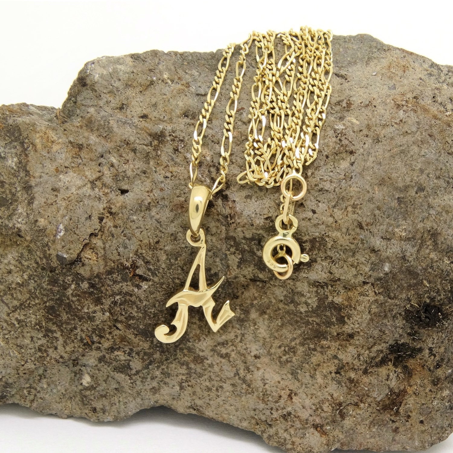 14k Solid Yellow Gold Initial Letter A Chain Necklace, Gold Letter ...