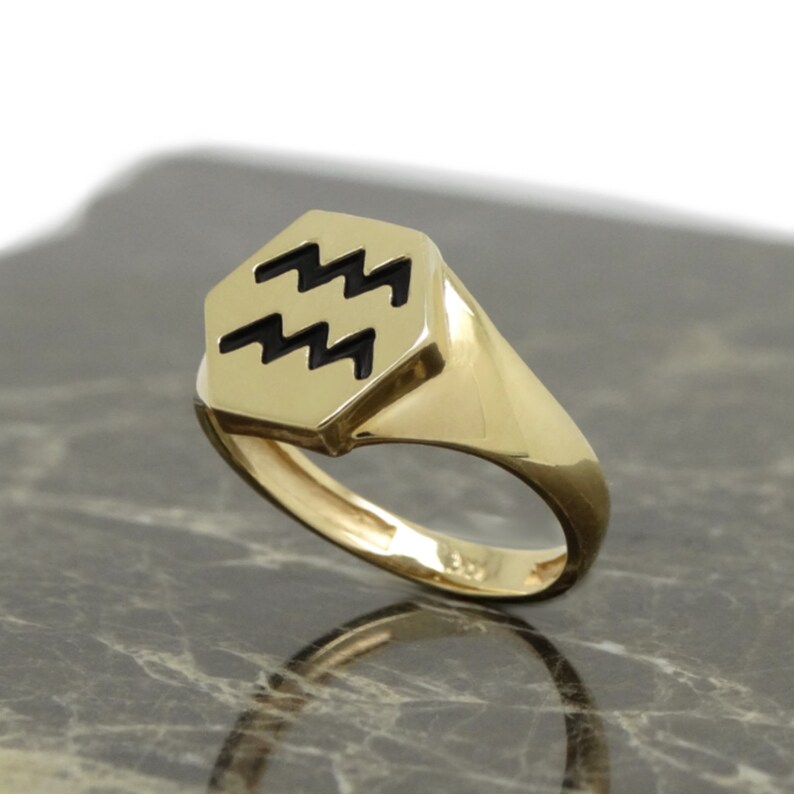 Zodiac Aquarius Sign 14K Gold Women's Ring, Solid 14k Gold Astrology ...