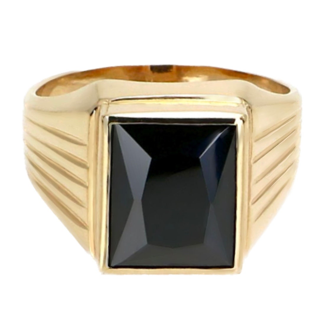 14K Gold Man Ring With Rectangular Black Diamond Cut Zircon Stone Total ...