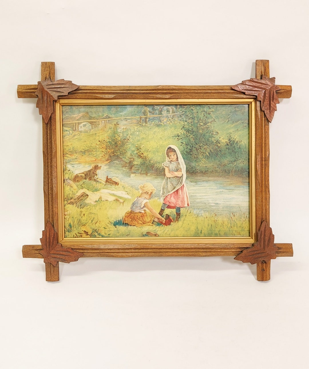 Adirondack Frame With Print Vintage Carved Leaves Folk Art Tramp Wood ...