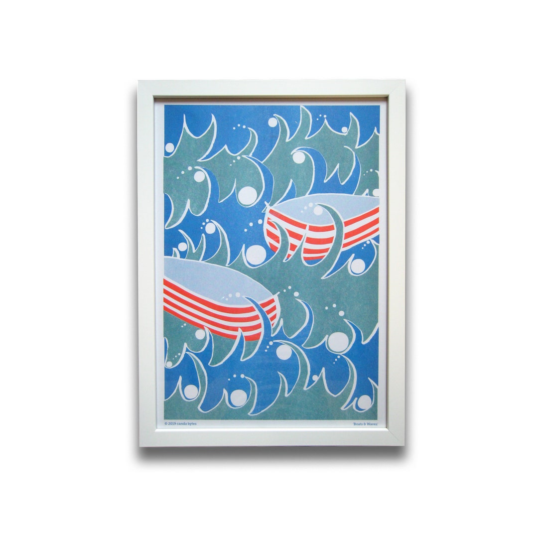 Boats and Waves, Riso Art Print, A3, Eco Wall Art, Risograph on Recycled Paper, Sustainably Made ...