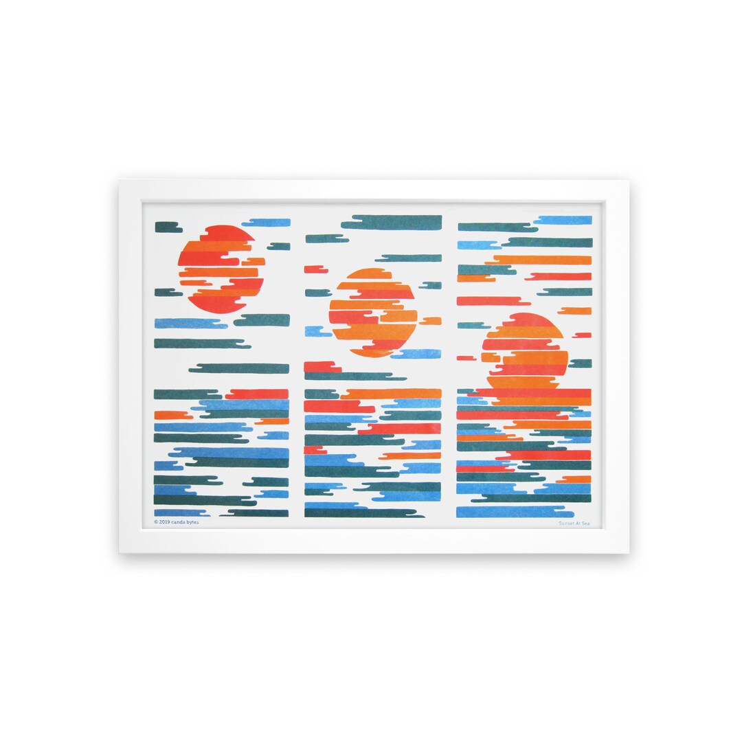 Sunset At Sea, riso art print, A3, eco wall art, risograph on recycled ...