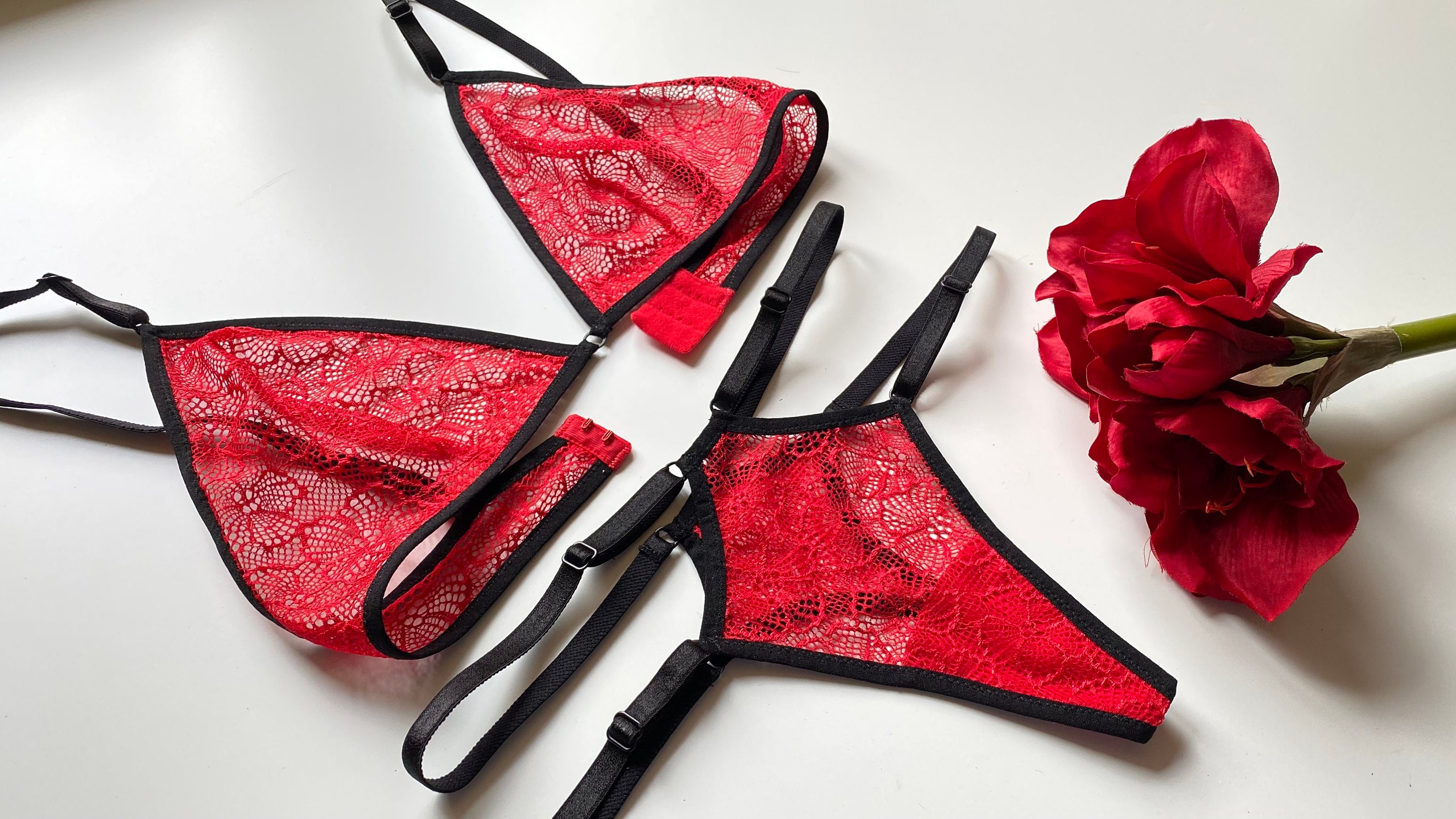 Red Lace Lingerie Set Of Two Sexy Handmade Bralette And Etsy