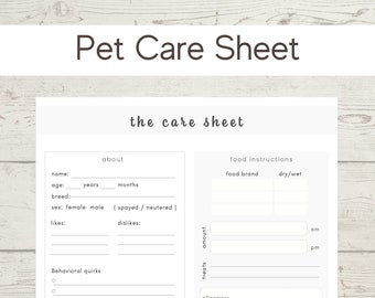 Petsitter Care Sheet Printable Pet Care Pet Info Sheet - Etsy