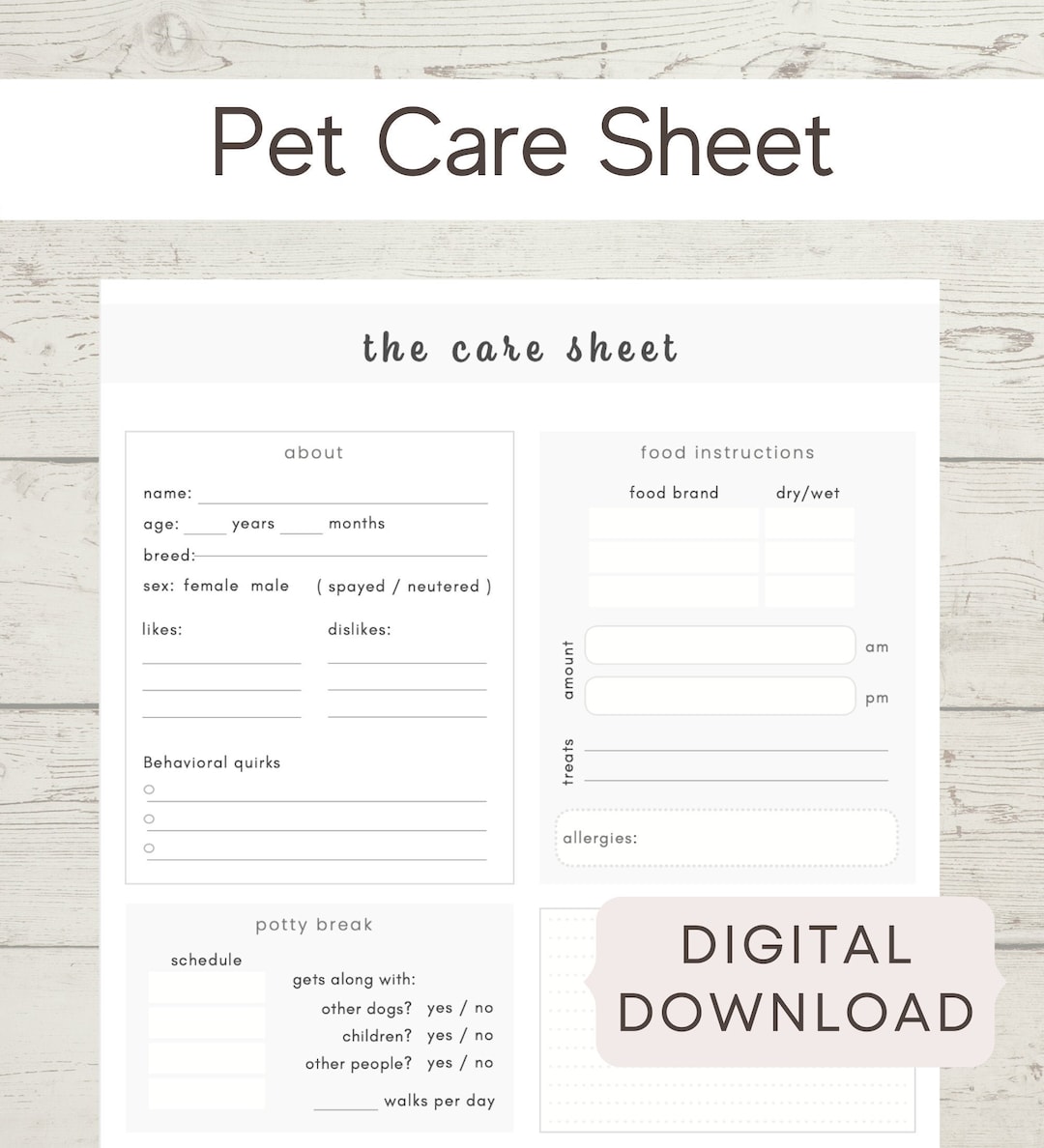 Petsitter Care Sheet Printable, Pet Care, Pet Info Sheet, Dogsitter ...