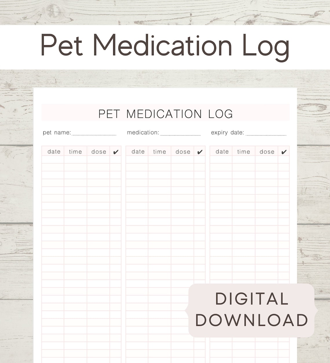 Pet Medication Log, Printable Pet Care, Medication Record, Digital Pet ...