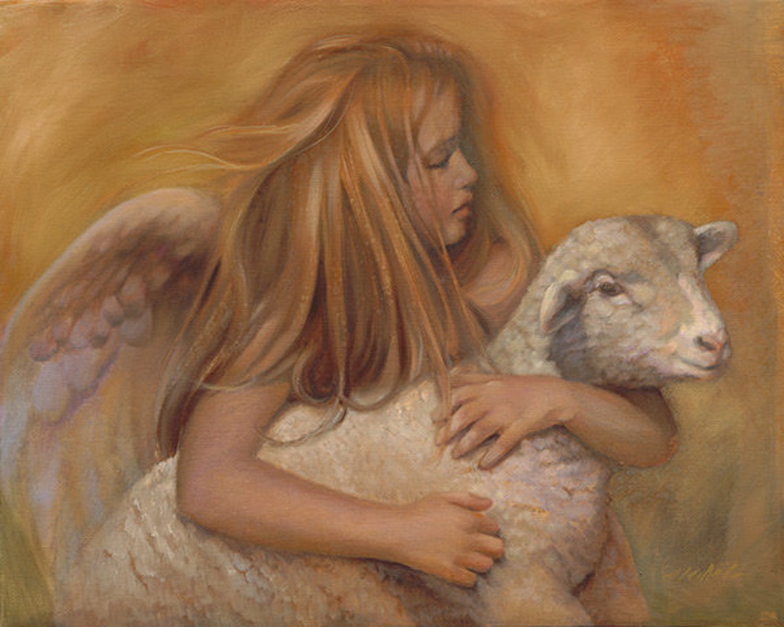 Angel With Ewe - Oil Painting, Nancy Noel Art Print, Angel Art, Paper ...