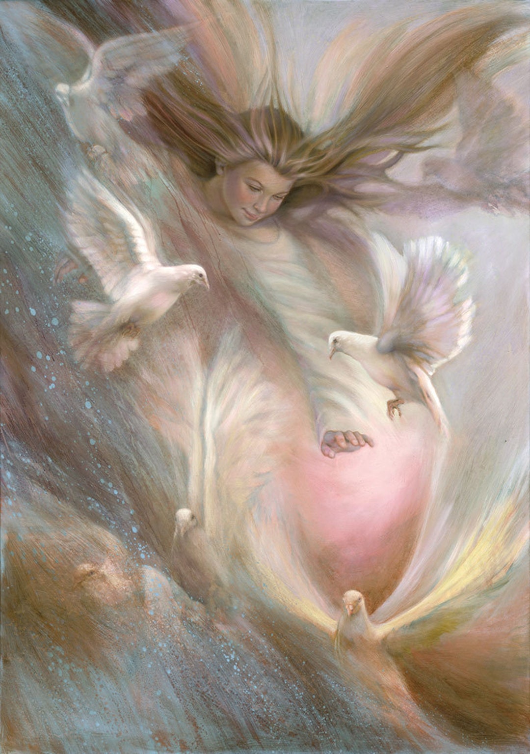 Angel Flying With Doves, Oil Painting, Vintage Nancy Noel Art Print ...