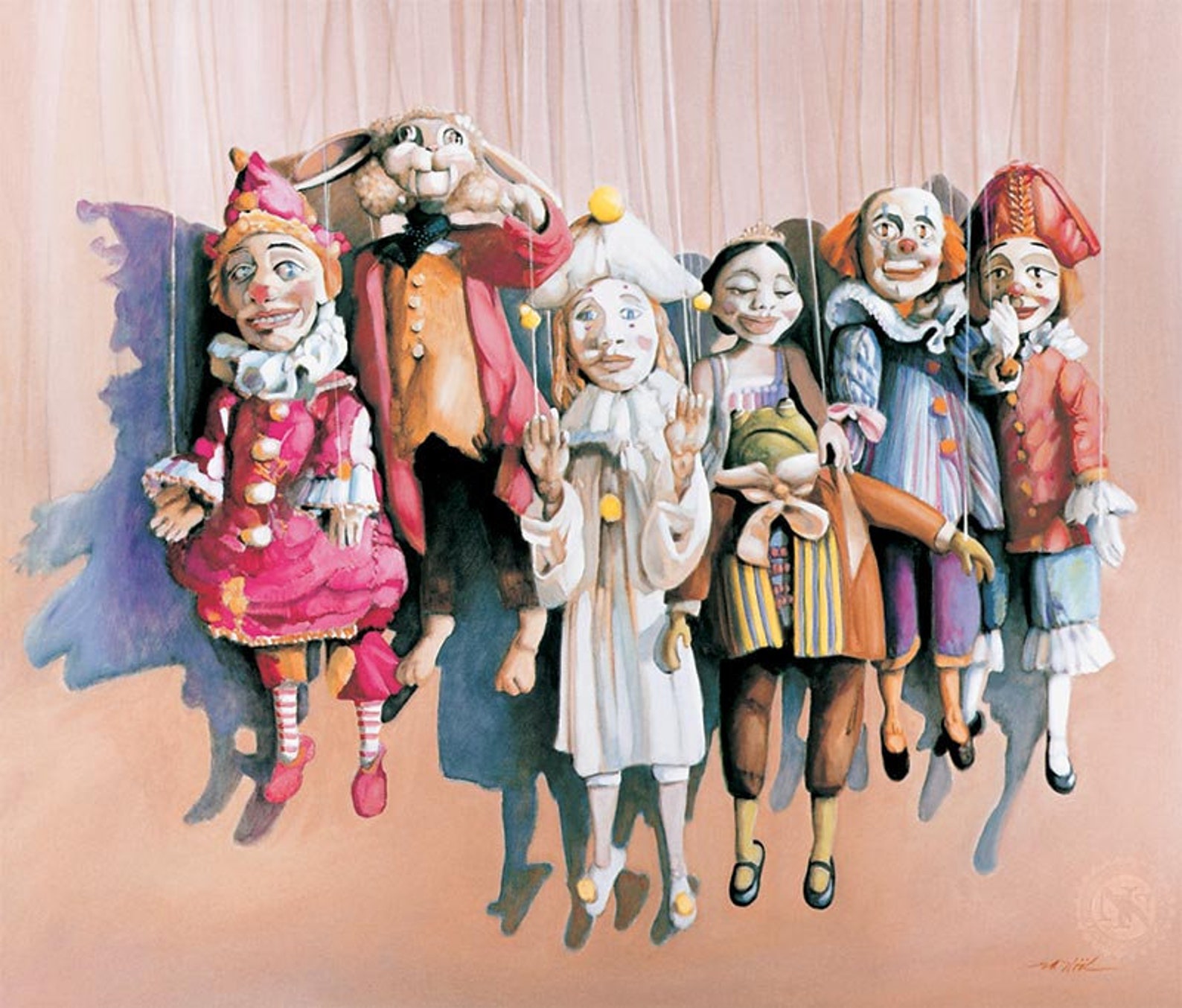 Oil Painting of Marionettes, Vintage Nancy Noel Art Print - 23.5"h X 27 ...